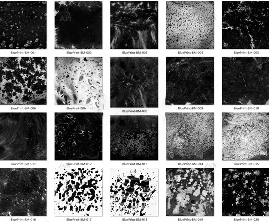 106张污渍划痕指纹等黑白贴图做旧磨损 3D/C4D/MAYA等通用贴图-AN素材库